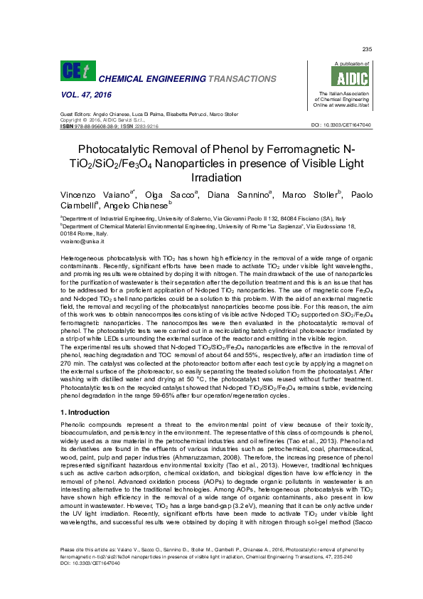 (PDF) Photocatalytic removal of phenol by ferromagnetic N-TiO2/SiO2/Fe3O4 nanoparticles in ...