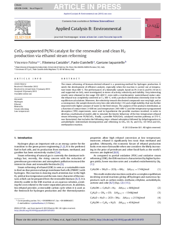 (PDF) CeO2-supported Pt/Ni catalyst for the renewable and clean H2 ...