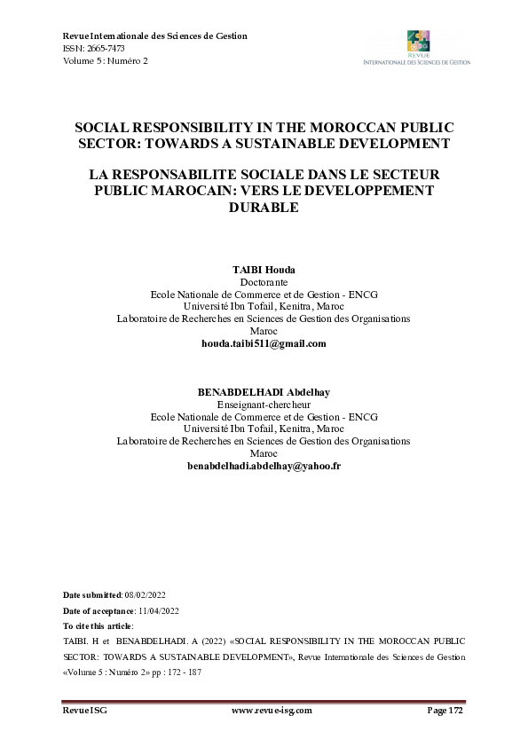 (PDF) Social Responsibility in the Moroccan Public Sector: Towards a Sustainable Development