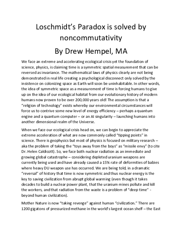 (PDF) Loschmidt's Paradox is solved by noncommutativity By Drew Hempel, MA