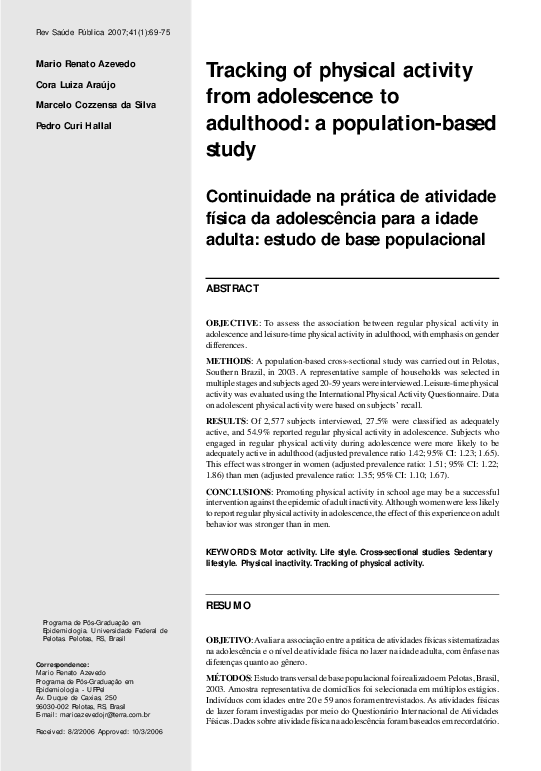(PDF) Tracking of Physical Activity from Adolescence to Young Adulthood
