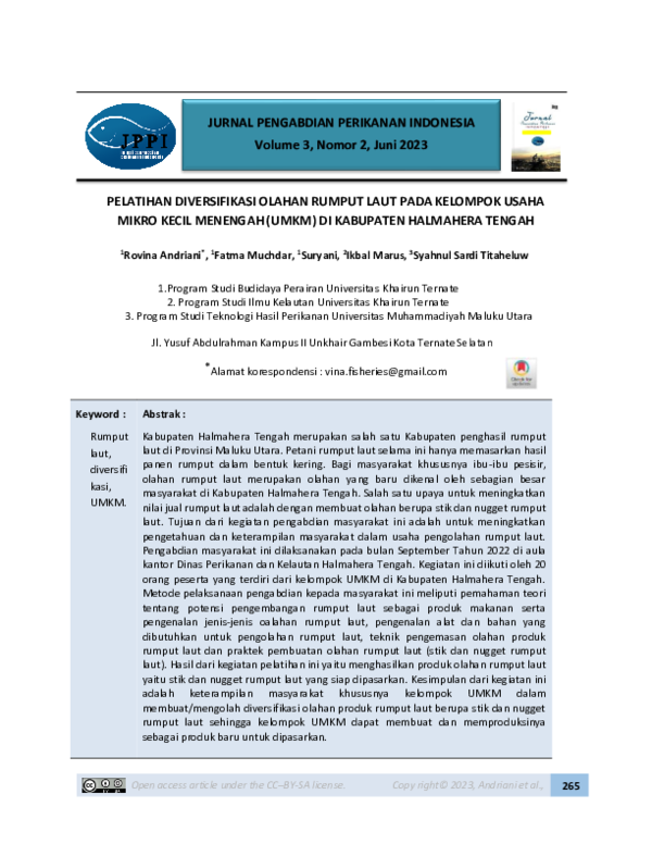 (PDF) Pelatihan Diversifikasi Olahan Rumput Laut Pada Kelompok Usaha ...