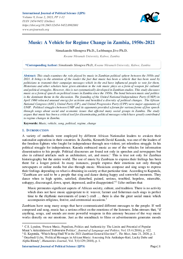 (PDF) Music: A Vehicle for Regime Change in Zambia, 1950s-2021
