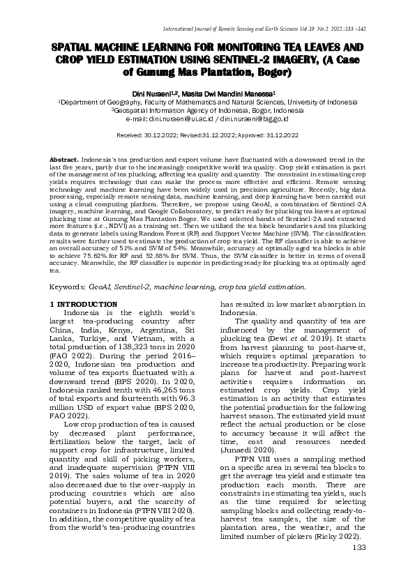 (PDF) SPATIAL MACHINE LEARNING FOR MONITORING TEA LEAVES AND CROP YIELD ESTIMATION USING ...