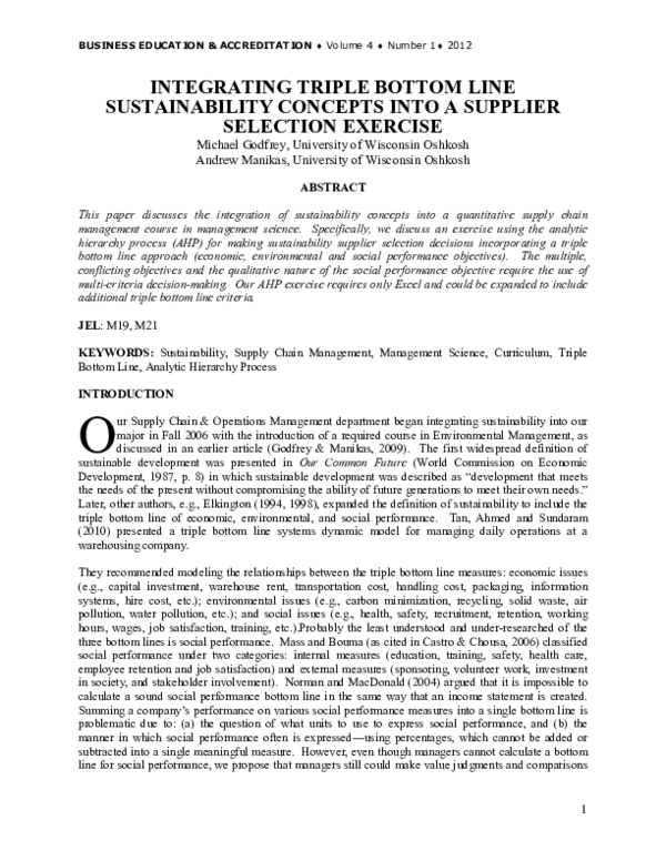 (PDF) Integrating Triple Bottom Line Sustainability Concepts into a ...