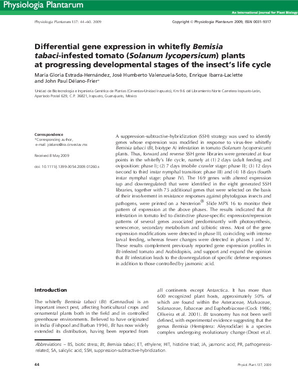 (PDF) Differential gene expression in whitefly Bemisia tabaci‐infested tomato (Solanum ...