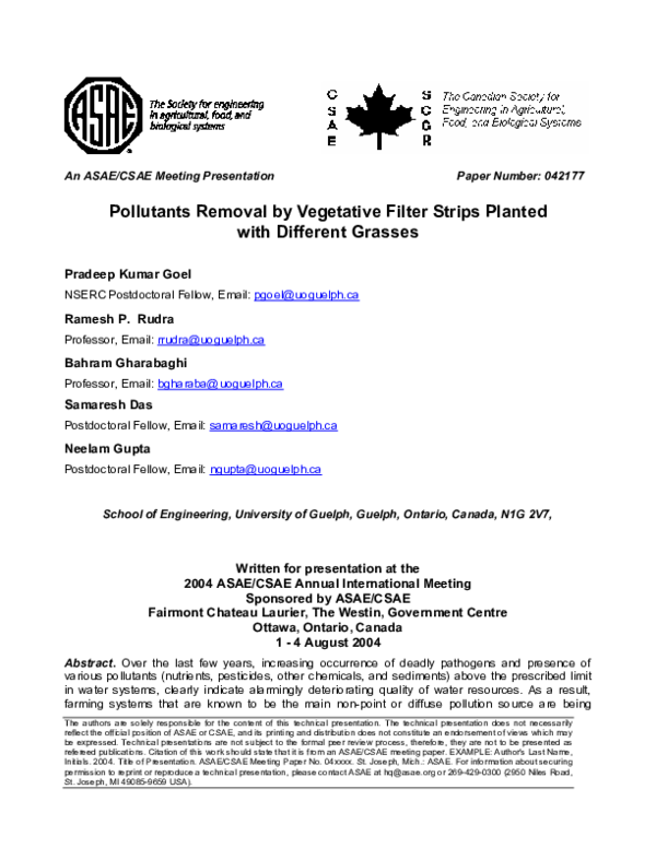 (PDF) Pollutants Removal by Vegetative Filter Strips Planted with ...