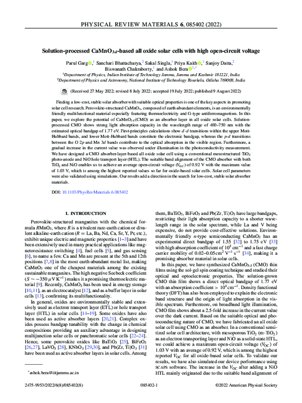 (PDF) Solution-processed CaMnO3−δ -based all oxide solar cells with ...