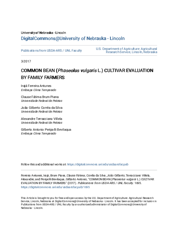 (PDF) COMMON BEAN ( Phaseolus vulgaris L.) CULTIVAR EVALUATION BY FAMILY FARMERS