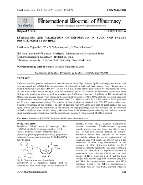 Pdf Estimation And Validation Of Sofosbuvir In Bulk And Tablet Dosage Form By Rp Hplc