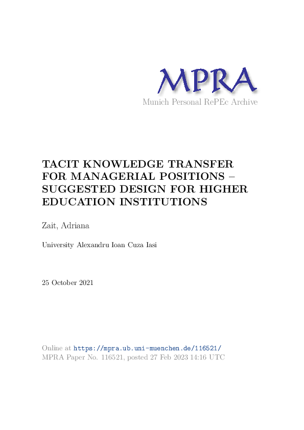(PDF) Tacit Knowledge Transfer for Managerial Positions – Suggested Design for Higher Education ...