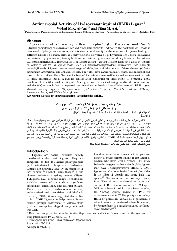 (PDF) Antimicrobial Activity of Hydroxymatairesinol (HMR) Lignan