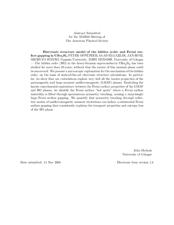 (PDF) Electronic structure model of the hidden order and Fermi surface ...