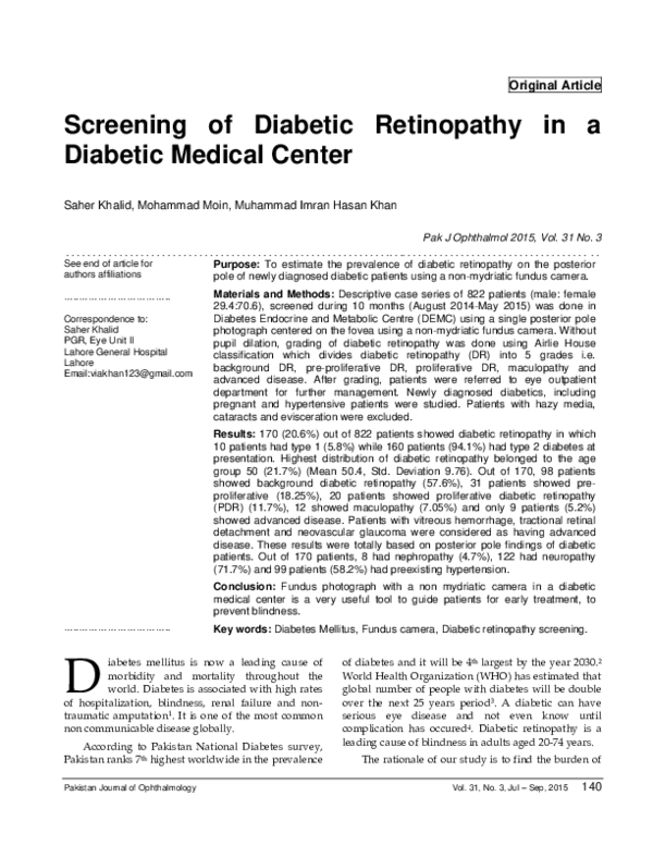 (PDF) Screening of Diabetic Retinopathy in a Diabetic Medical Center