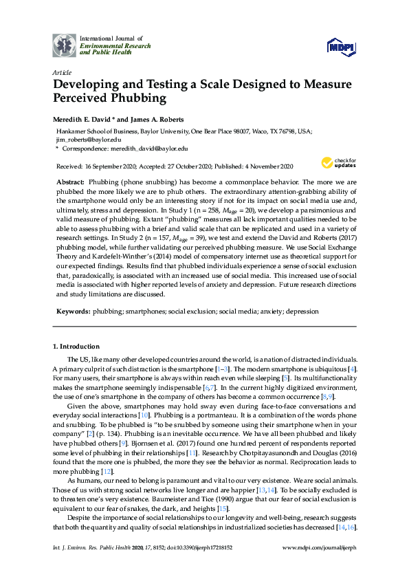 (PDF) Developing and Testing a Scale Designed to Measure Perceived Phubbing