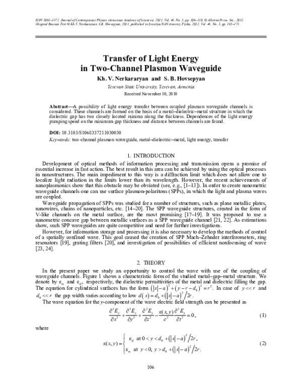(PDF) Transfer of light energy in two-channel plasmon waveguide