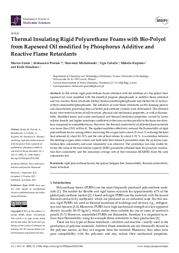 (PDF) Thermal Insulating Rigid Polyurethane Foams with Bio-Polyol from ...
