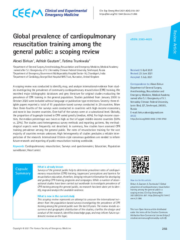 (PDF) Global prevalence of cardiopulmonary resuscitation training among ...