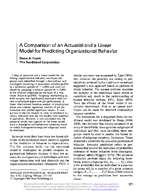 (PDF) A Comparison of an Actuarial and a Linear Model for Predicting ...