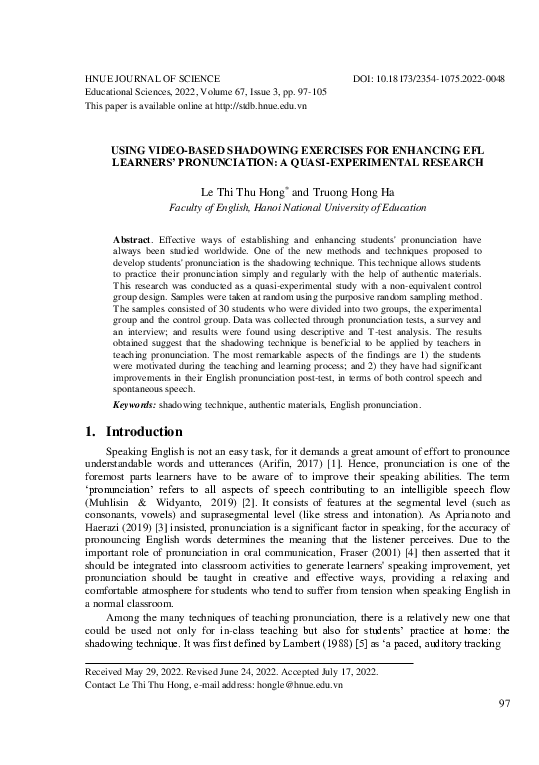 (PDF) USING VIDEO-BASED SHADOWING EXERCISES FOR ENHANCING EFL LEARNERS ...