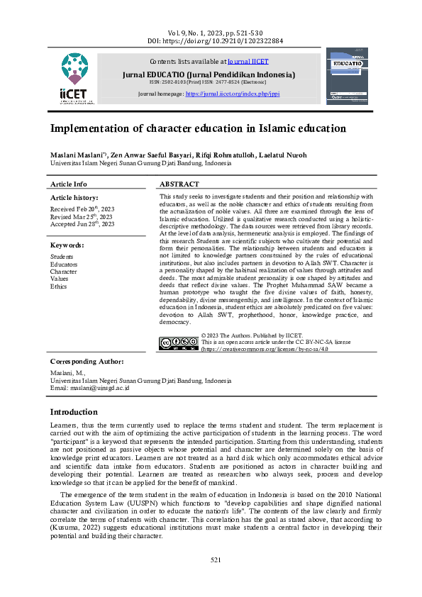 (PDF) Implementation of character education in islamic education