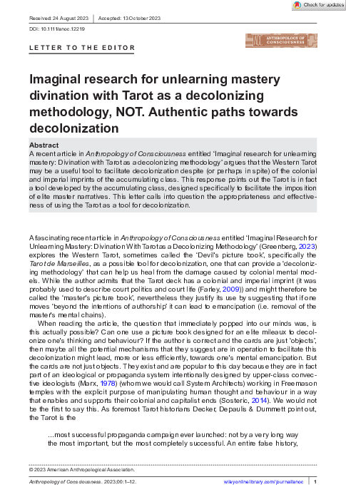 (PDF) " Imaginal research for unlearning mastery Divination with tarot as a decolonizing ...