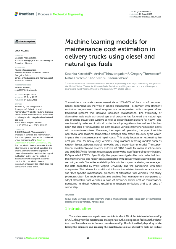 (PDF) Machine learning models for maintenance cost estimation in delivery trucks using diesel ...