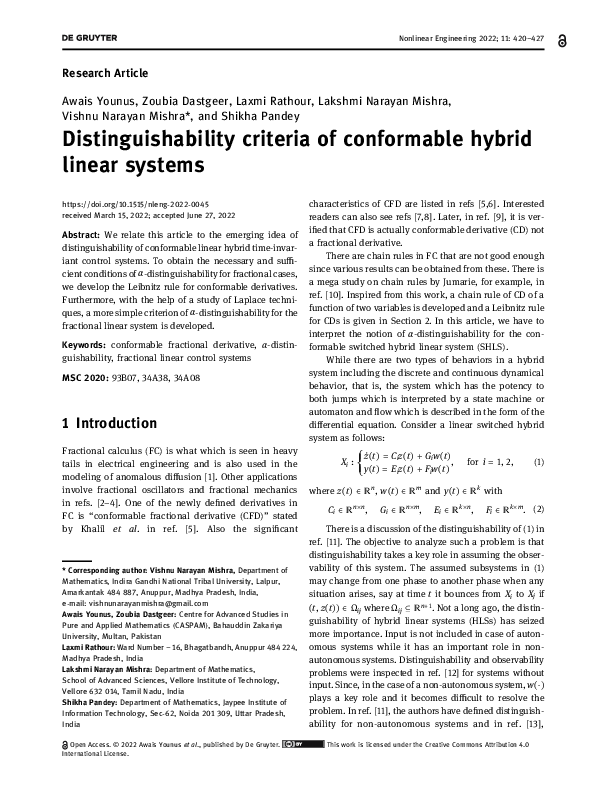 Pdf Distinguishability Criteria Of Conformable Hybrid Linear Systems