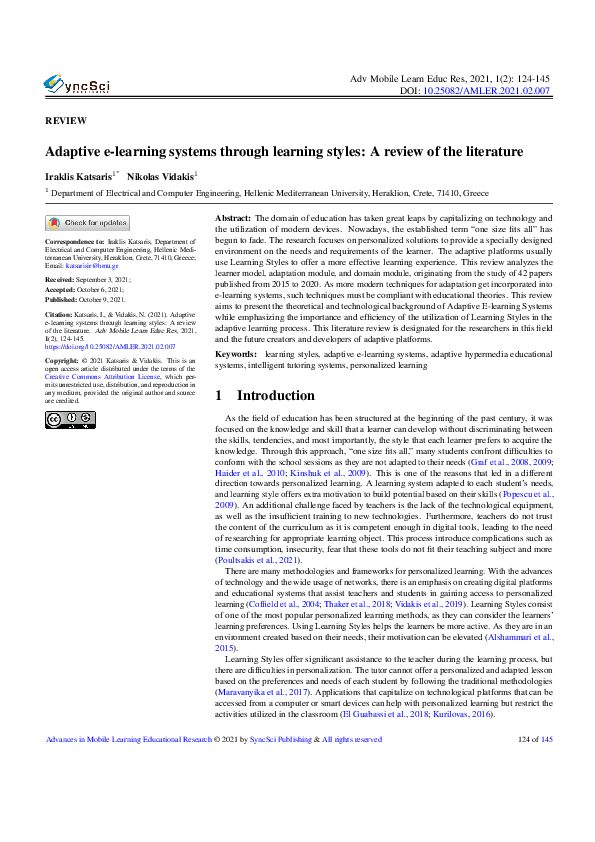 (PDF) Adaptive e-learning systems through learning styles: A review of the literature | Nikolas ...