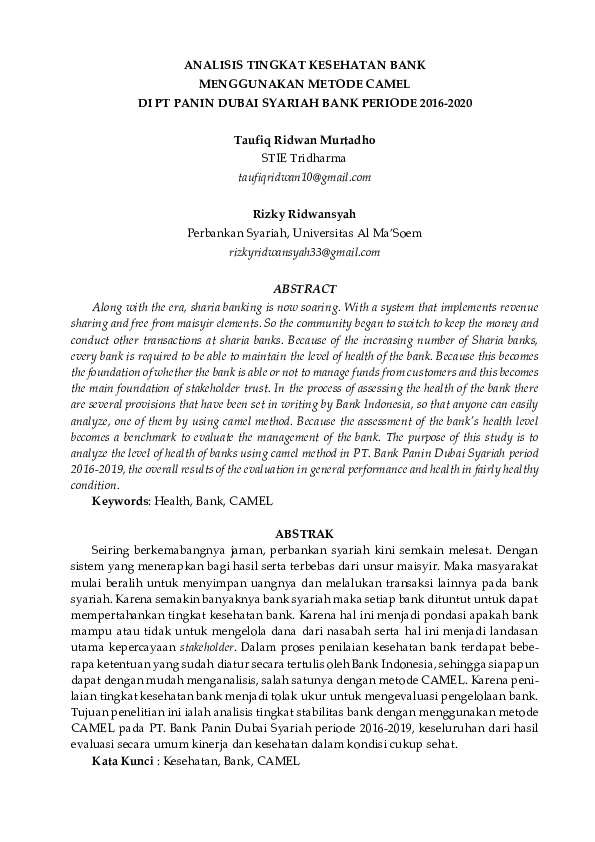 (PDF) Analisis Tingkat Kesehatan Bank Menggunakan Metode Camel DI PT Panin Dubai Syariah Bank ...