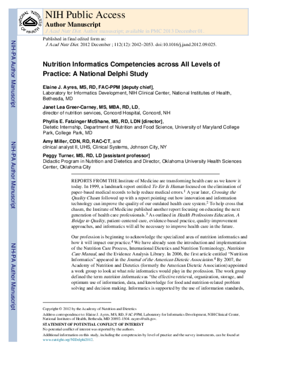 (PDF) Nutrition Informatics Competencies across All Levels of Practice: A National Delphi Study