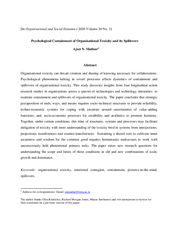 (PDF) Psychological Containment of Organisational Toxicity and its ...
