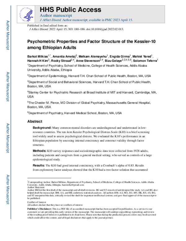 (PDF) Psychometric properties and factor structure of the Kessler-10 ...