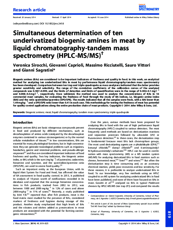Pdf Simultaneous Determination Of Ten Underivatized Biogenic Amines In Meat By Liquid