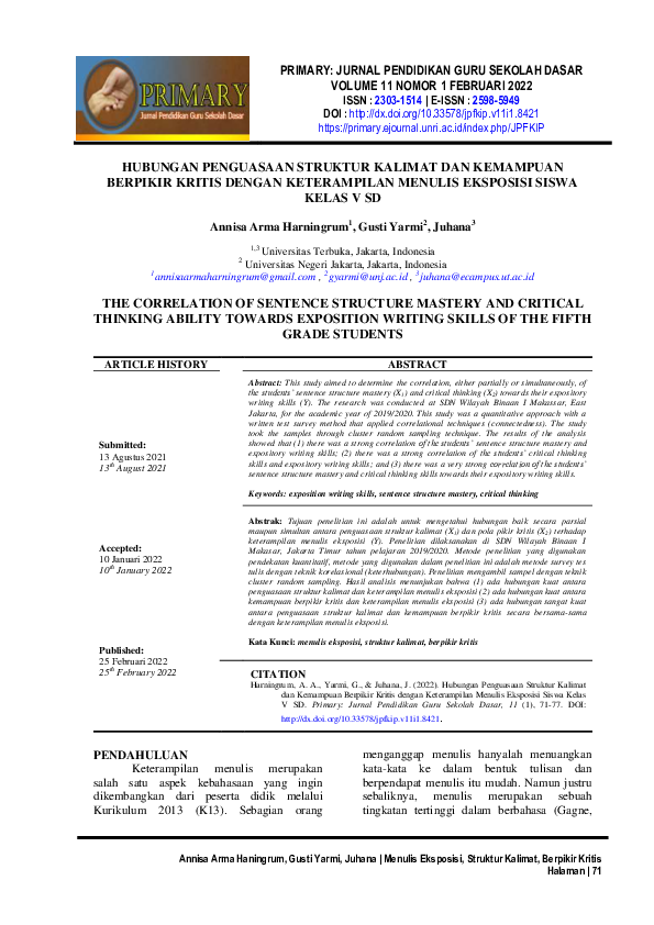 (PDF) Hubungan Penguasaan Struktur Kalimat Dan Kemampuan Berpikir Kritis Dengan Keterampilan ...