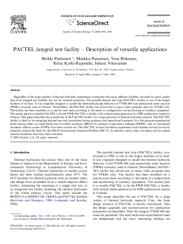 (PDF) PACTEL integral test facility – Description of versatile applications