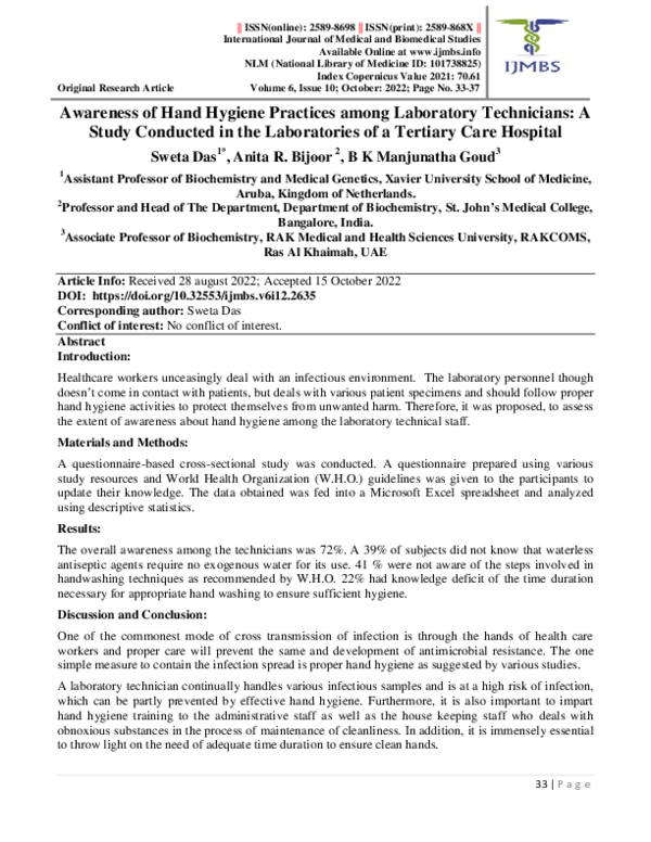 (PDF) Awareness of Hand Hygiene Practices among Laboratory Technicians ...