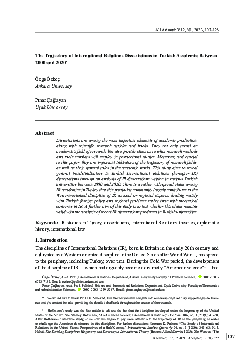 (PDF) The Trajectory of International Relations Dissertations in Turkish Academia between 2000 ...