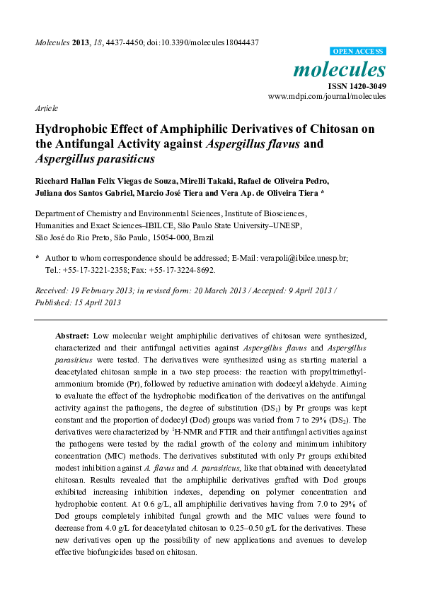 Pdf Hydrophobic Effect Of Amphiphilic Derivatives Of Chitosan On The