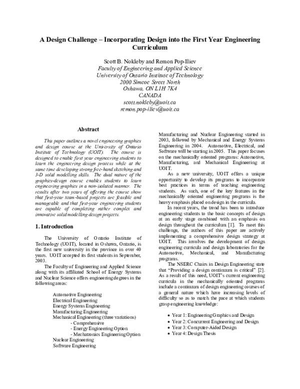 (PDF) A Design Challenge - Incorporating Design Into the First Year ...
