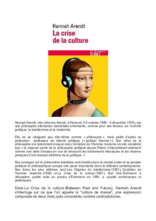 (PDF) Hannah Arendt, Le statut des œuvres d'art