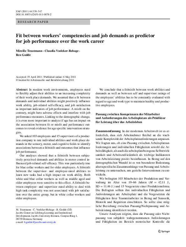 (PDF) Fit between workers’ competencies and job demands as predictor ...