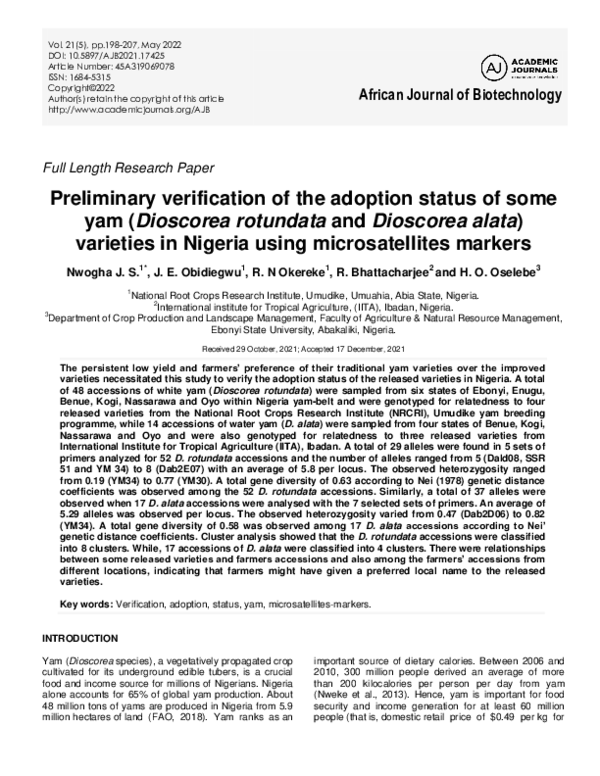 (PDF) Preliminary verification of the adoption status of some yam (Dioscorea rotundata and ...