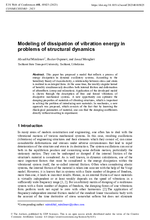 (PDF) Modeling of dissipation of vibration energy in problems of structural dynamics