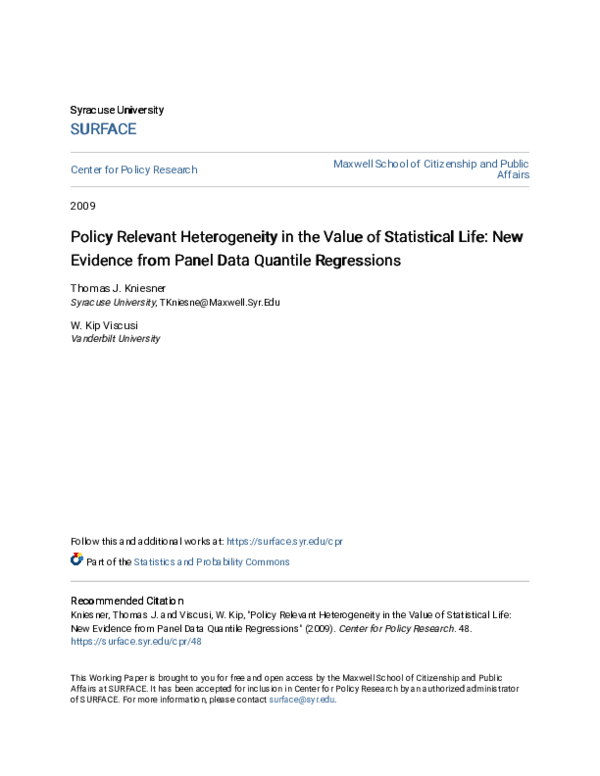 Pdf Policy Relevant Heterogeneity In The Value Of Statistical Life New Evidence From Panel