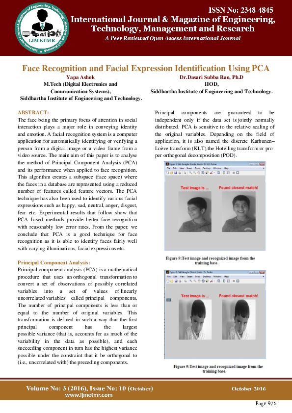 Pdf Face Recognition And Facial Expression Identification Using Pca