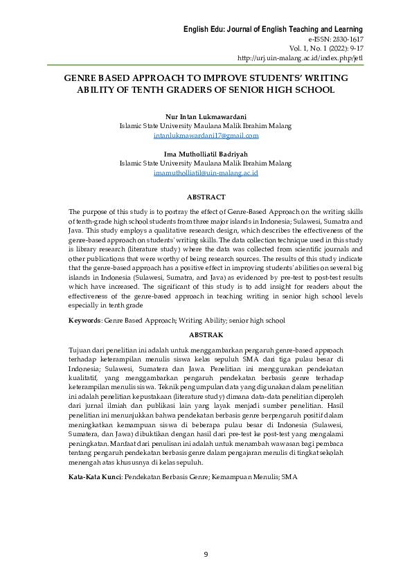 (PDF) Genre Based Approach to Improve Students’ Writing Ability of Tenth Graders of Senior High ...