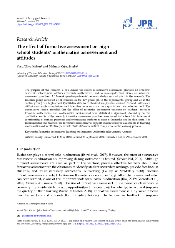 (PDF) The effect of formative assessment on high school students mathematics achievement and ...