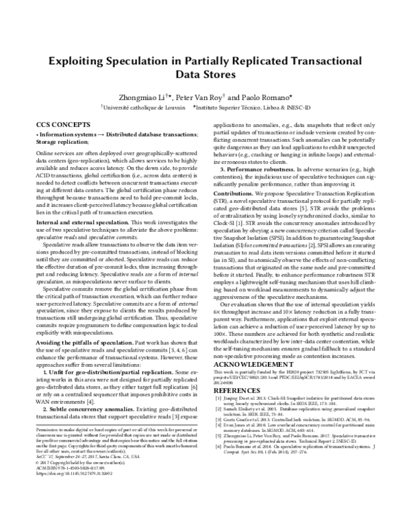 Pdf Exploiting Speculation In Partially Replicated Transactional Data Stores