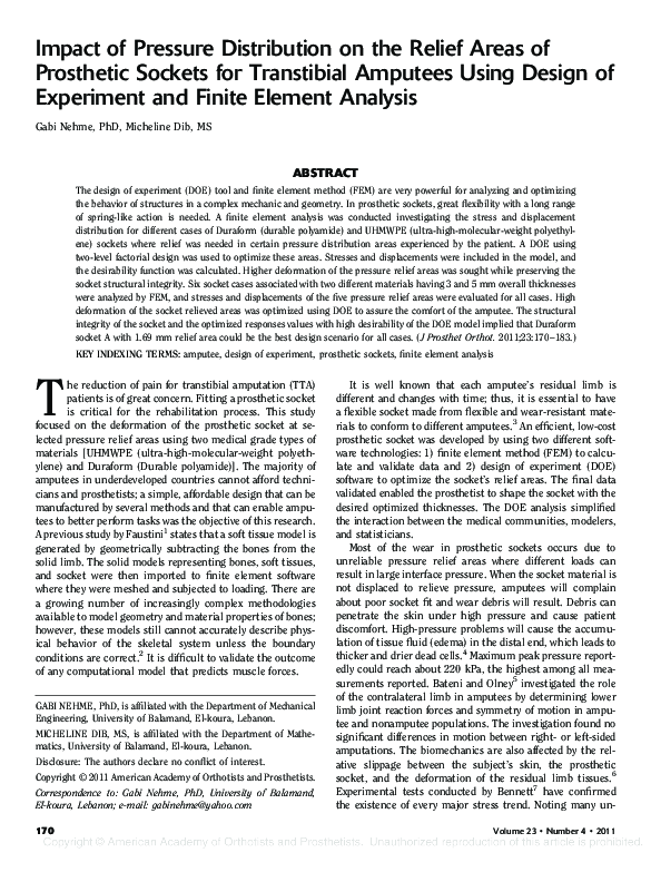Pdf Predicting Pressure Distribution Between Transfemoral Prosthetic Socket And Residual Limb